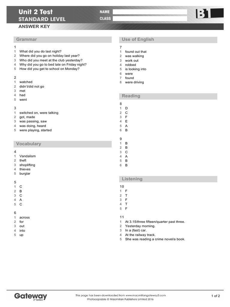 B1 UNIT 2 Test Answer Key Standard | PDF | Theft | Communication