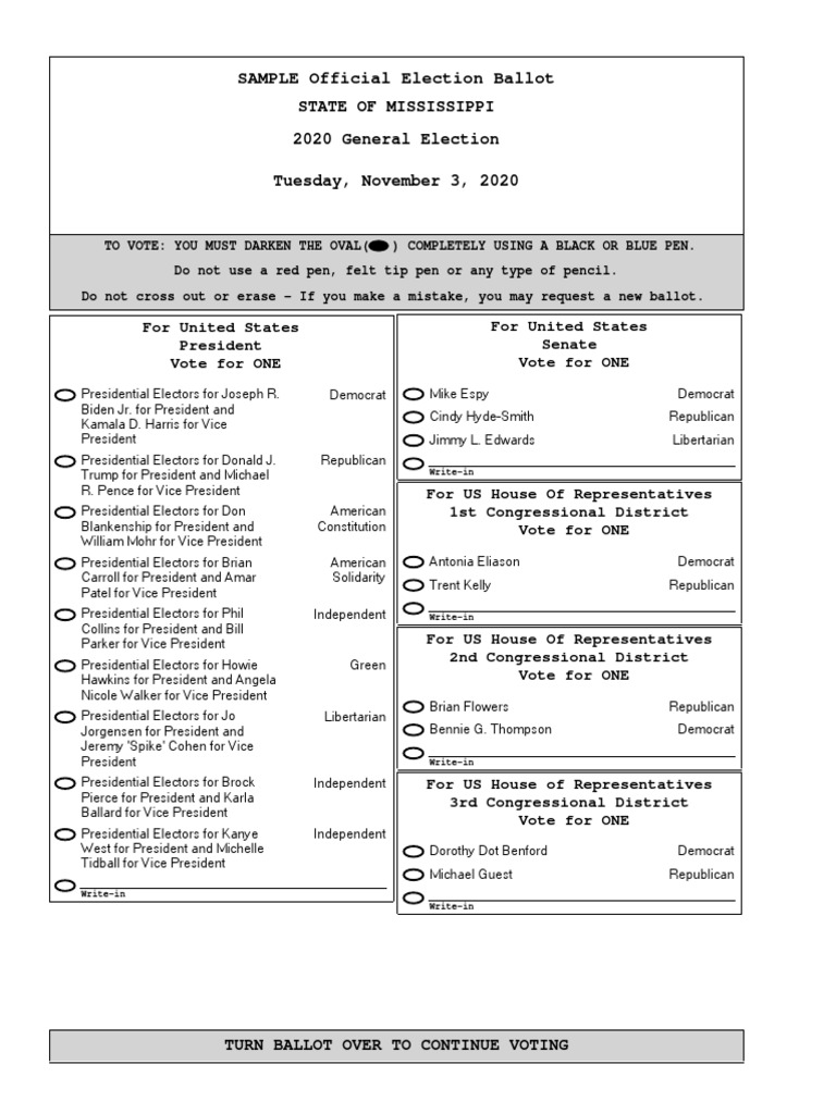 Mississippi 2020 Election Sample Ballot | PDF | Presidents Of The ...