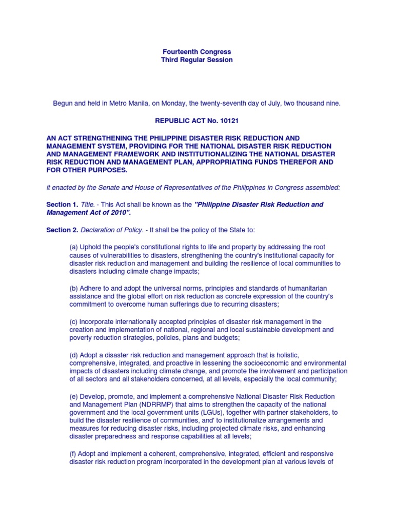 Philippine Disaster Risk Reduction and Management Act of 2010 | PDF ...