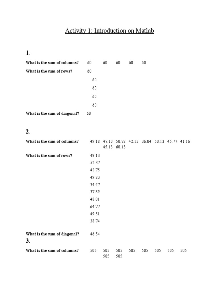 Activity 1: Introduction On Matlab: What Is The Sum of Columns? 60 What ...
