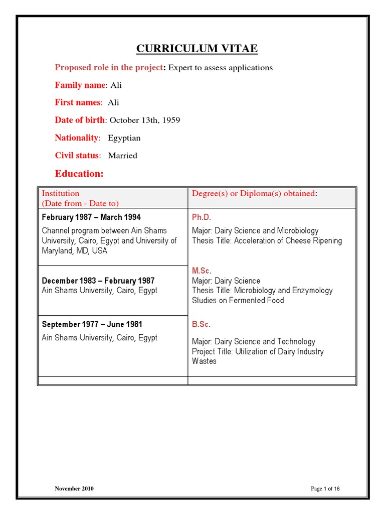 Ali EuropeAid Template CV-2012 F | PDF | Soybean | Egypt