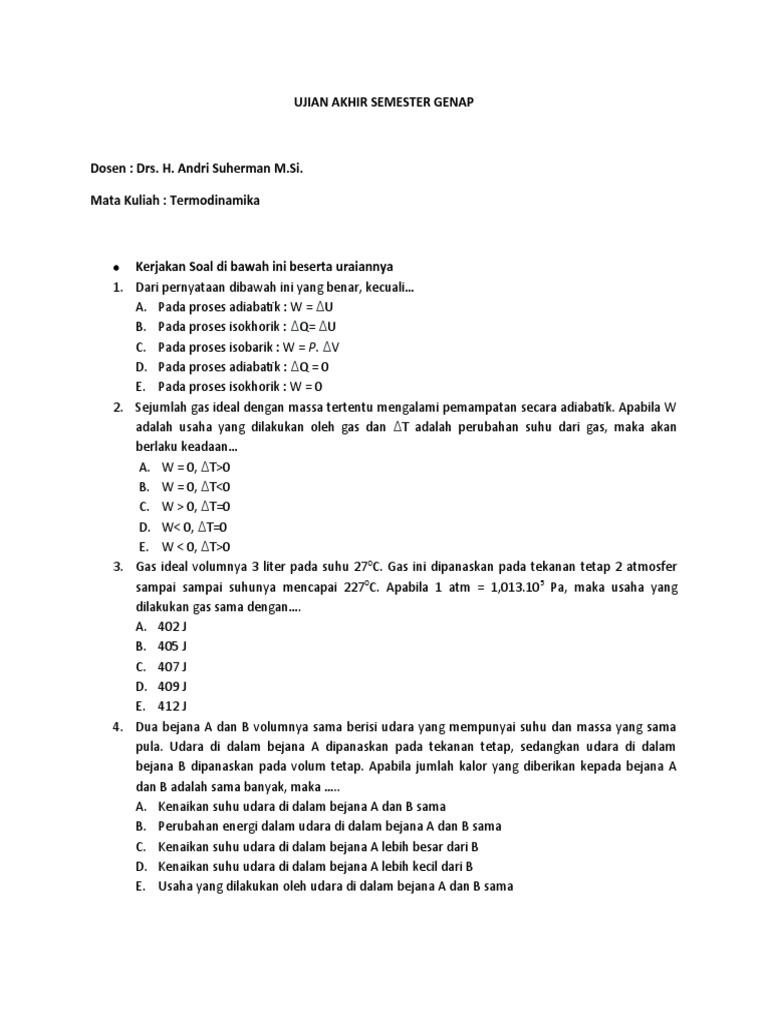 Soal UAS Termodinamika Kelas 11 | PDF | Metode & Bahan Ajar | Teknologi ...