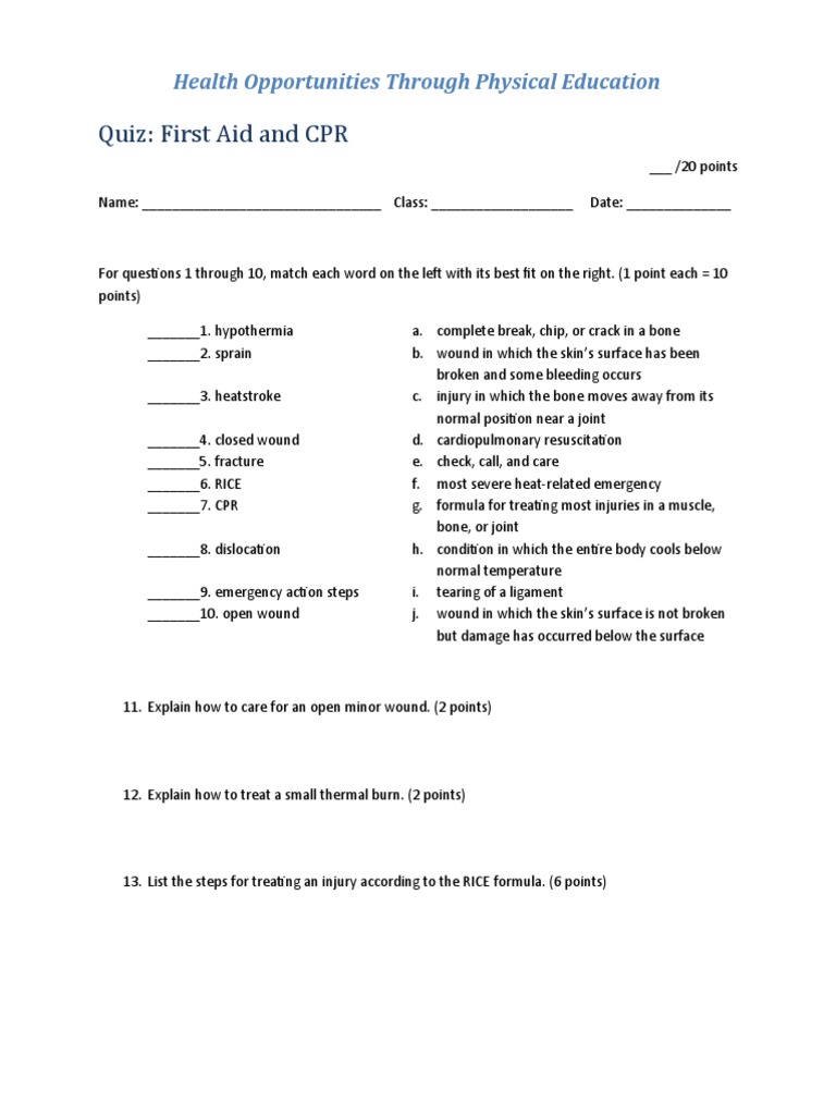 Quiz: First Aid and CPR: Health Opportunities Through Physical ...