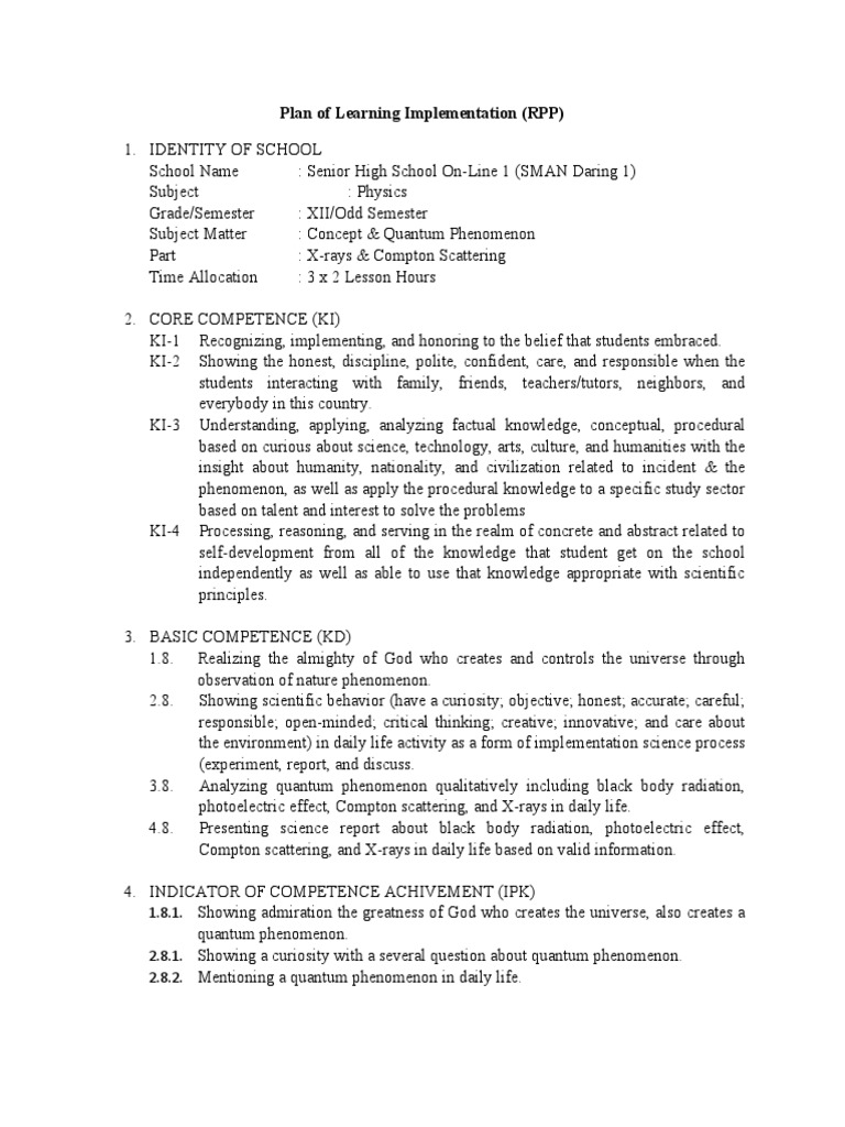 Plan of Learning Implementation (RPP) | PDF | X Ray | Light