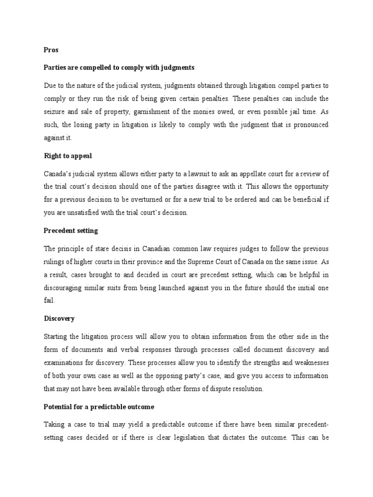 Pros & Cons of Litigation | PDF | Mediation | Alternative Dispute ...