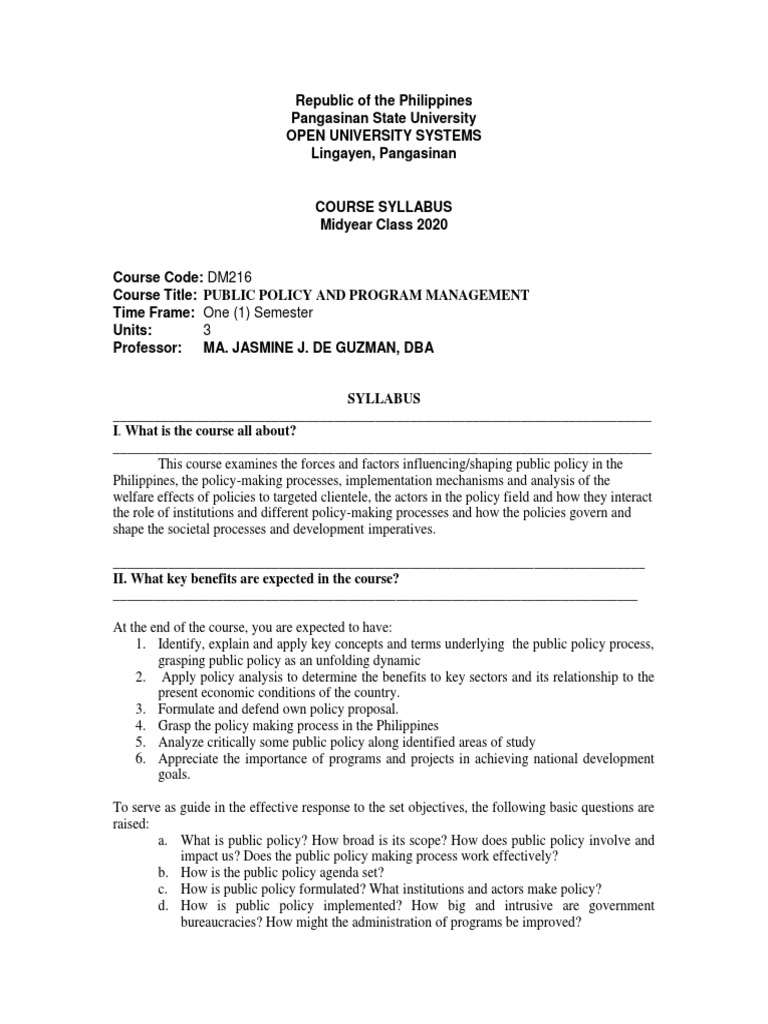 Public-Policy-And-Program-Management SYLLABUS | PDF | Policy Analysis | Institution