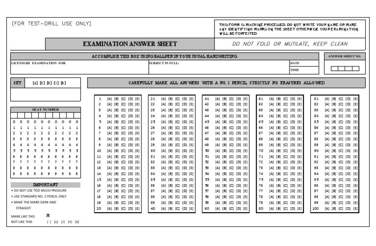 Examination Answer Sheet: (For Test-Drill Use Only) | PDF