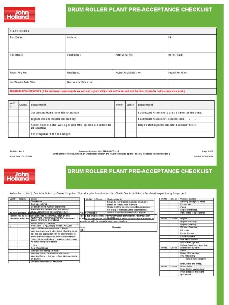 JH FRM Pae 001 15 Drum Roller Plant Pre Acceptance Checklist | PDF ...