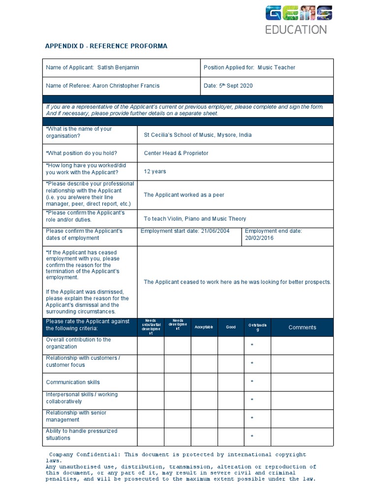 Appendix D - Reference Proforma | PDF | Employment | Behavioural Sciences