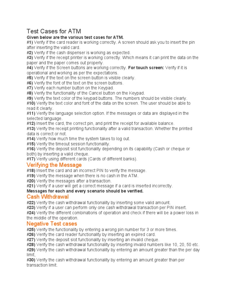 Test Cases For ATM: Verifying The Message | PDF | Automated Teller ...