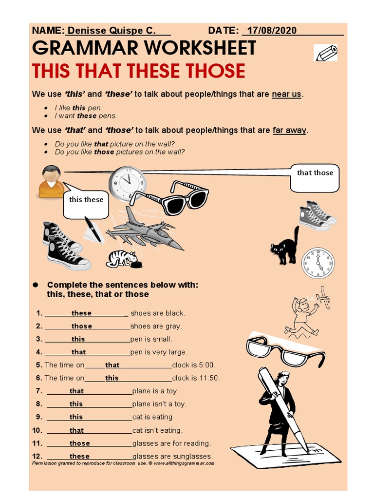This That These Those: Grammar Worksheet | PDF