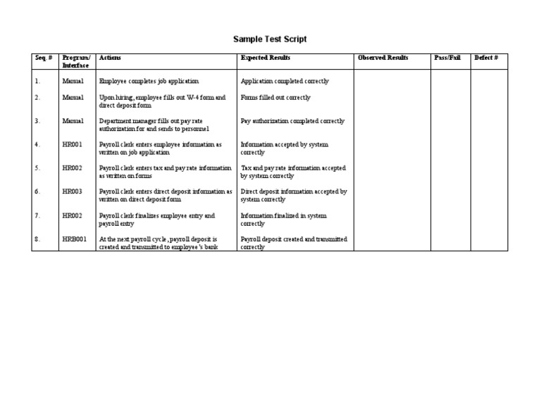 Sample Test Script: Seq. # Program/ Interface Actions Expected Results ...