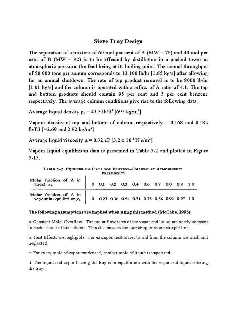 Sieve Tray Design for Distillation Process | PDF