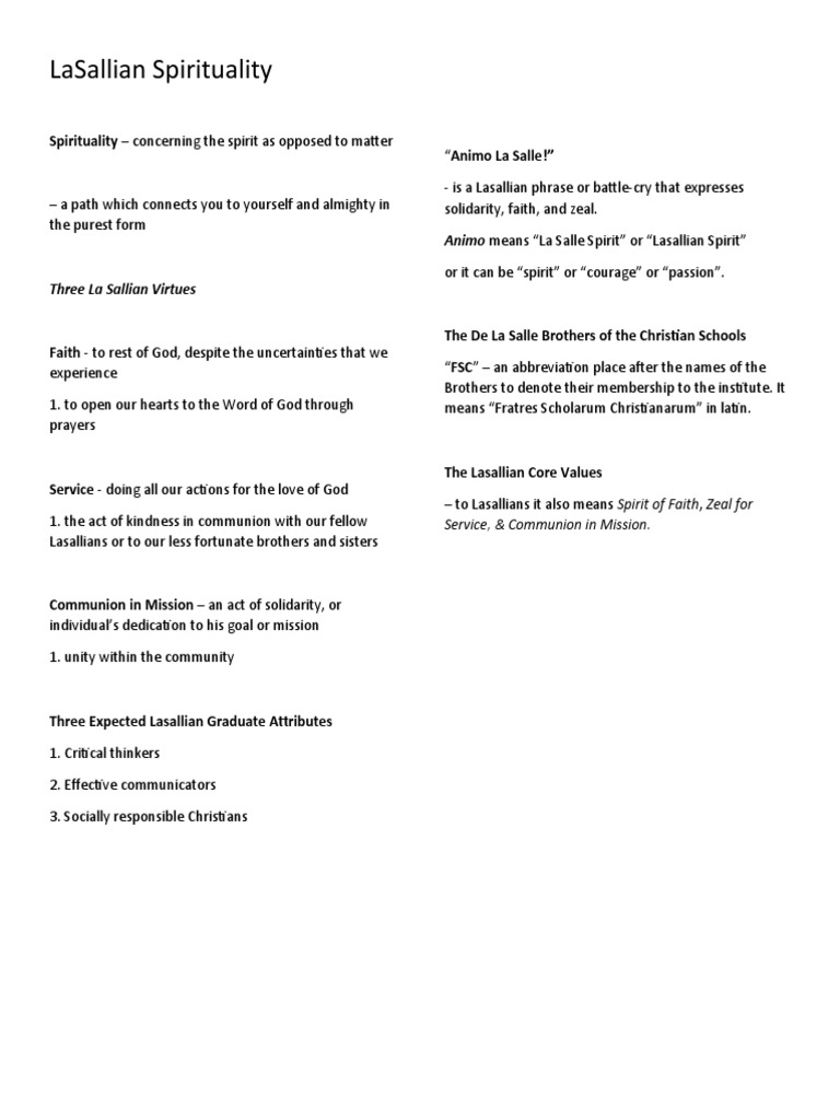 Lasallian Spirituality: Animo Means "La Salle Spirit" or "Lasallian ...