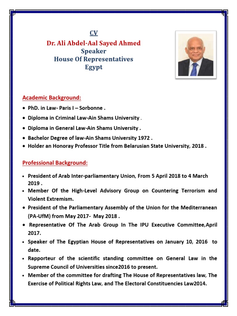 Dr. Ali Abdel-Aal Sayed Ahmed: CV Speaker House of Representatives ...