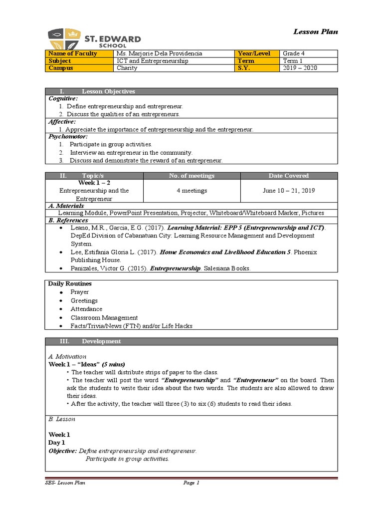 Grade 4 Entrepreneurship Lesson Plan | PDF | Lesson Plan | Entrepreneurship