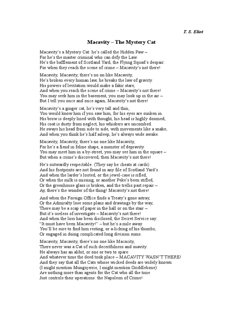 Macavity - The Mystery Cat: T. S. Eliot | PDF | Cats