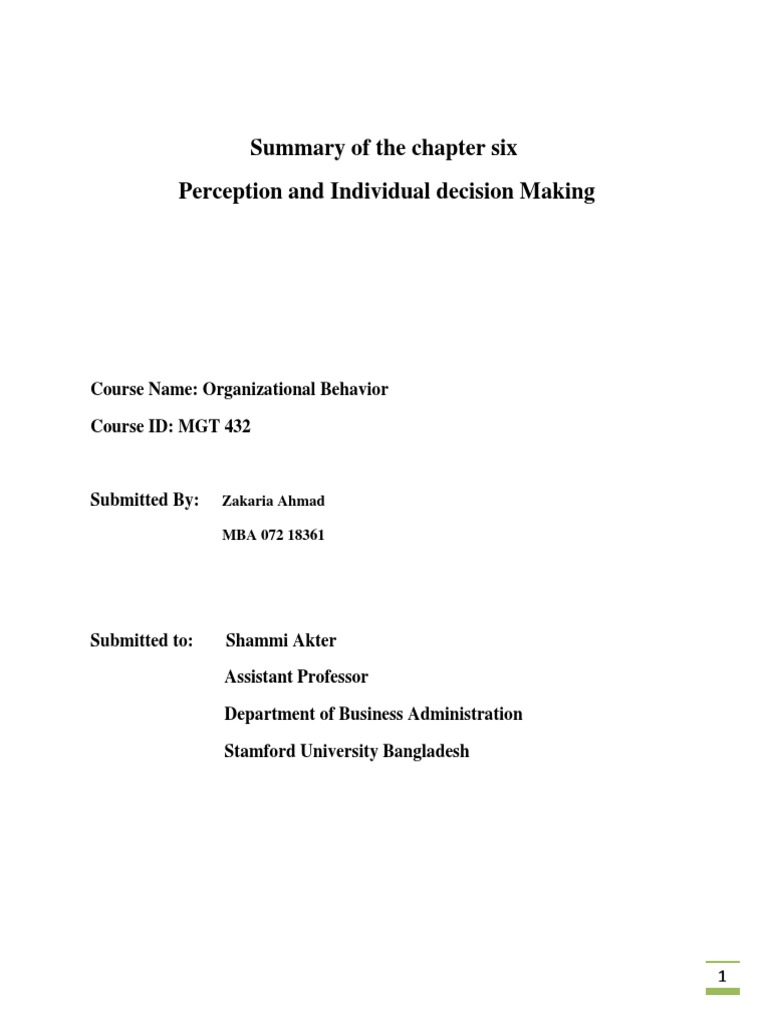 Summary of The Chapter Six Perception and Individual Decision Making ...