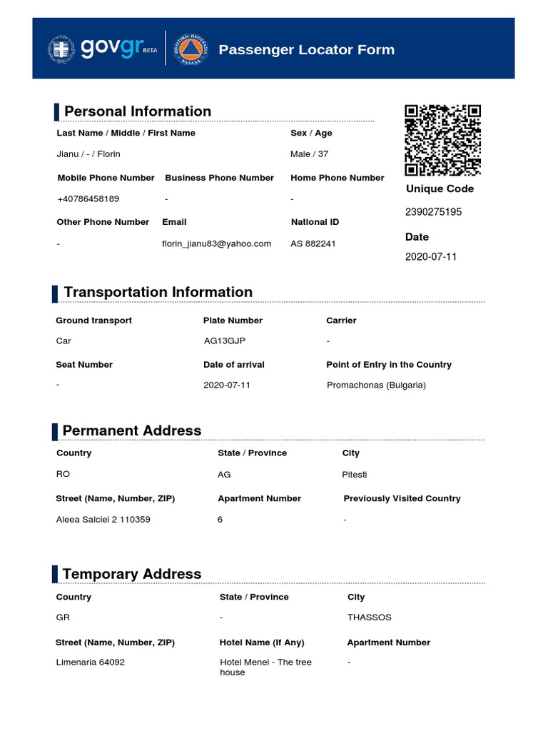 Personal Information: Passenger Locator Form | PDF | Telecommunications ...