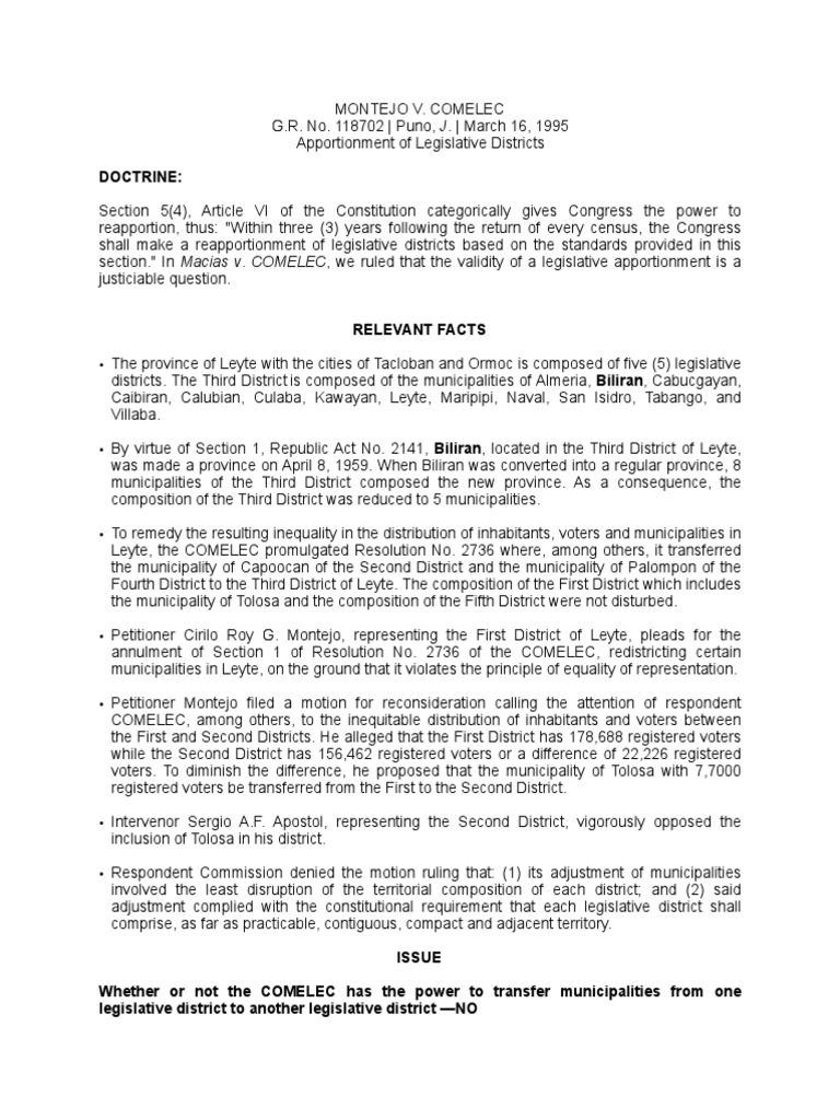 5 - Montejo v. COMELEC | PDF | Apportionment (Politics) | Commission On ...