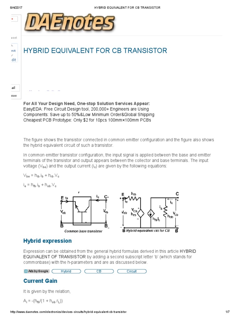 Hybrid Equivalent Circuit for CB Transistor | PDF