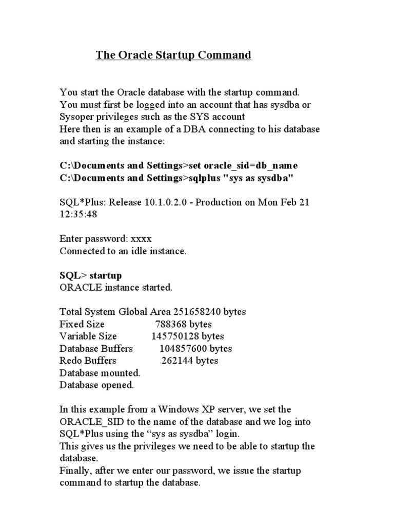 The Oracle Startup Command | Download Free PDF | Oracle Database | Databases