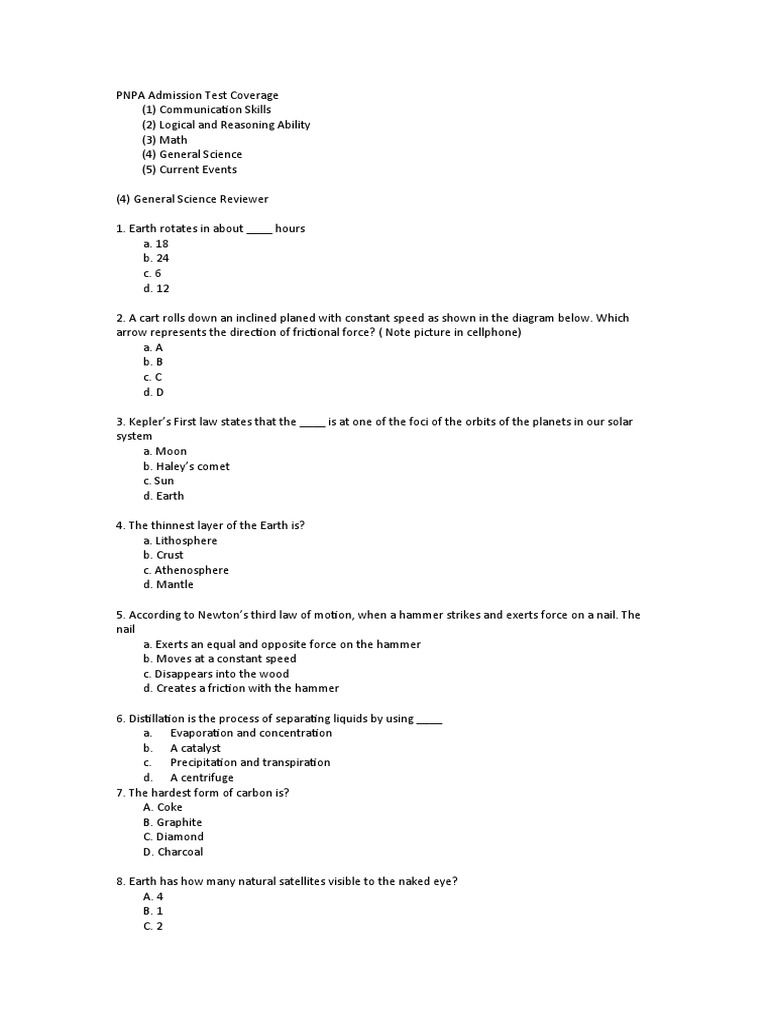 PNPA Admission Test Coverage | PDF | Force | Earth