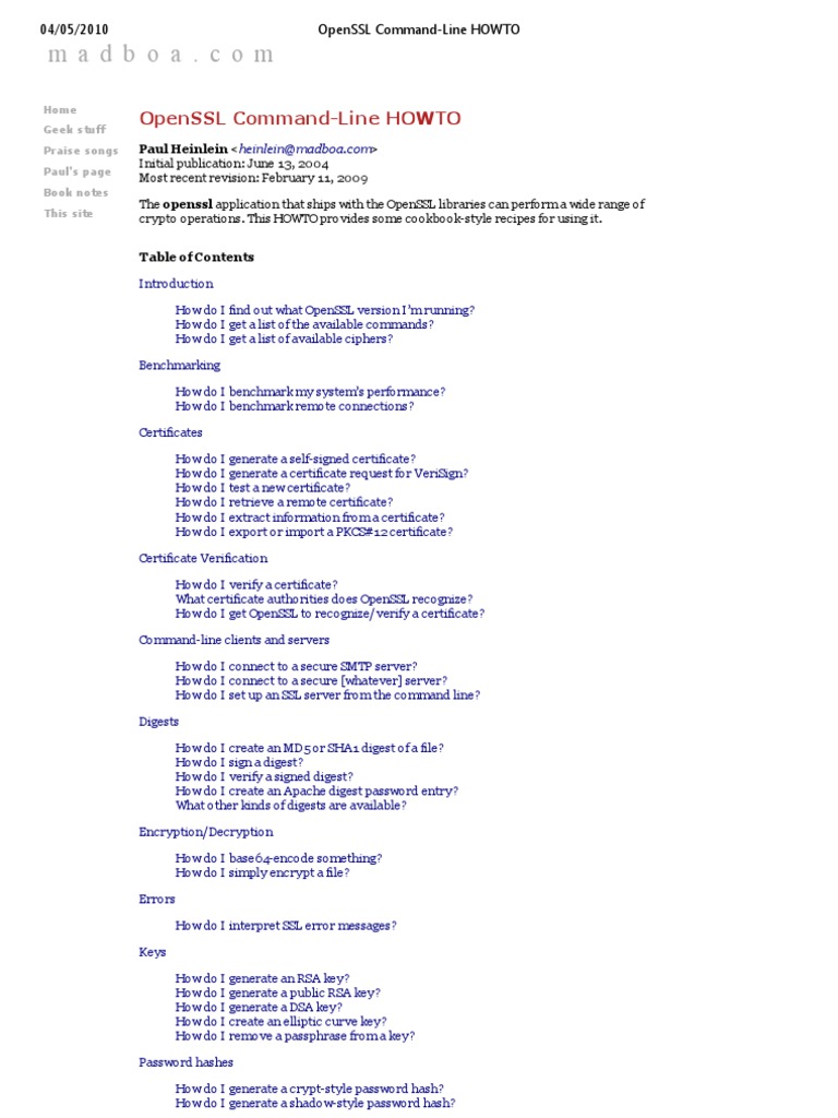 Openssl Command Line Howto Pdf Key Cryptography Transport Layer Security