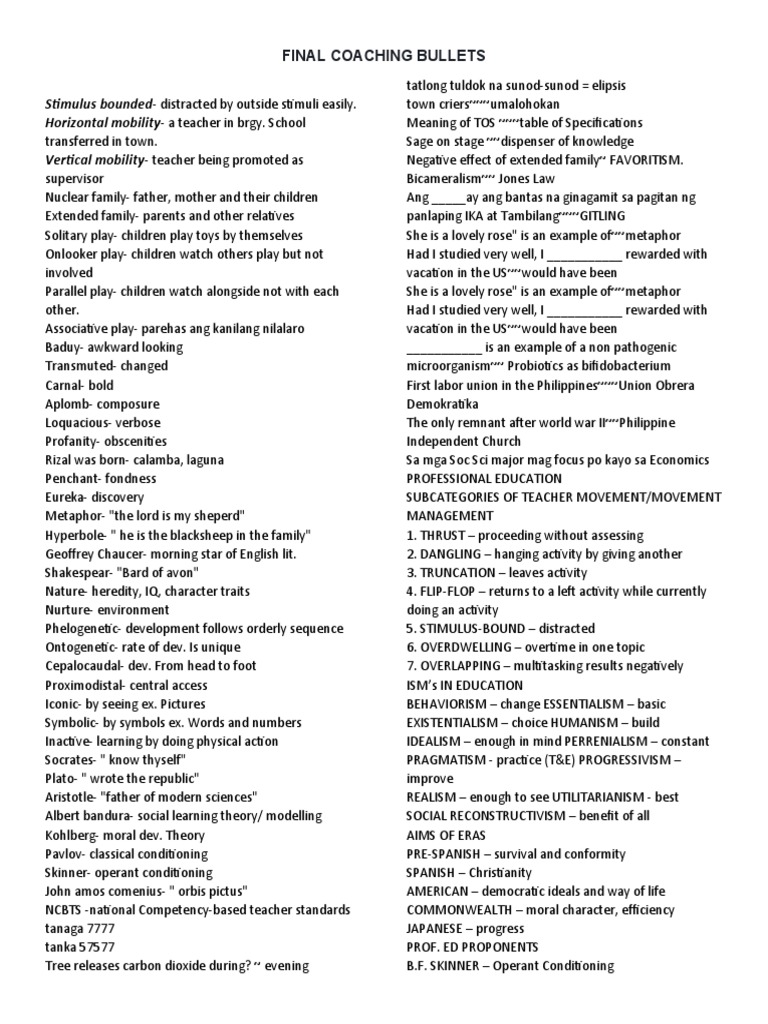 Final Coaching Bullets | PDF | Philosophical Theories | Neuropsychological Assessment