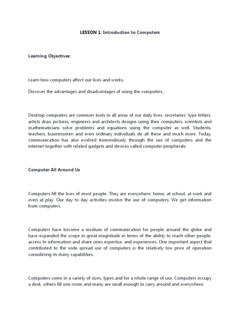 Introduction To Computers: Lesson 1 | Download Free PDF | Input/Output ...