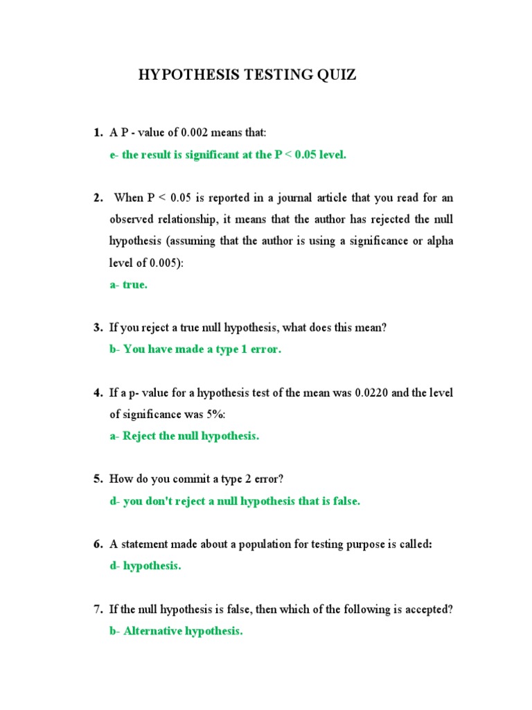 Hypothesis Testing Quiz Questions | PDF | Wellness