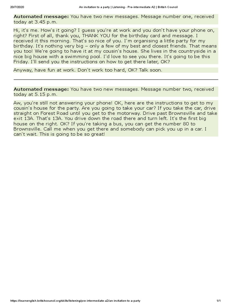 A2 Listening: Party Invitation Details | PDF