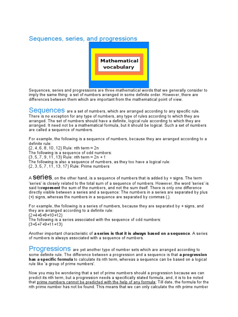 Difference Between Sequences and Progressions | PDF | Sequence | Prime ...