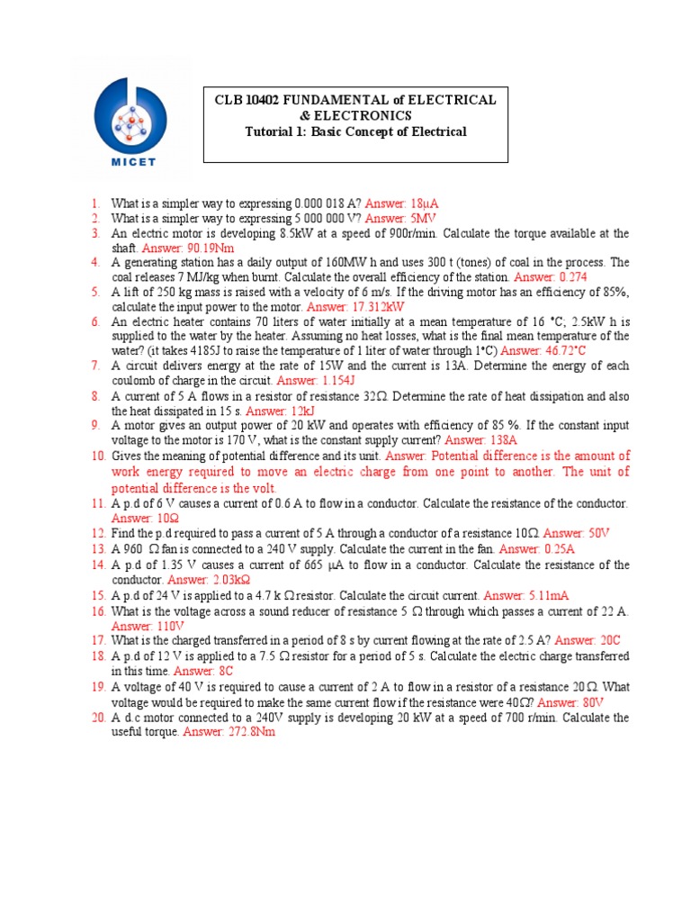 Tutorial 1 Basic Concept of Electrical With Answer | PDF | Voltage ...