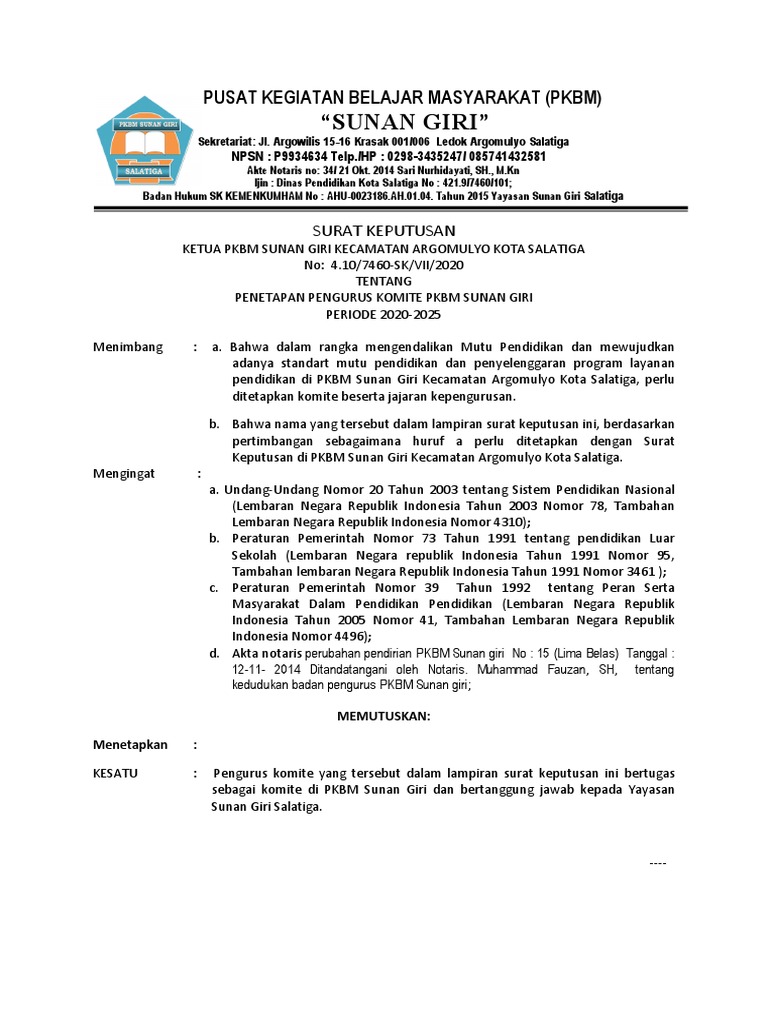 SK Komite PKBM Sunan Giri PDF | PDF