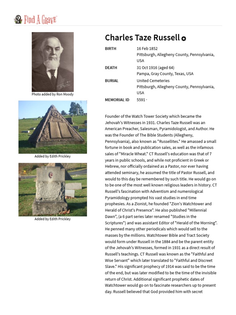 Charles Taze Russell (1852-1916) - Find A Grave Memorial | PDF | Premillennialism | Christian ...