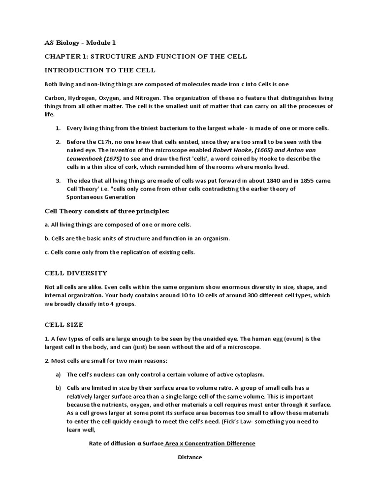 AS Biology - Module 1 Chapter 1: Structure and Function of The Cell Introduction To The Cell ...