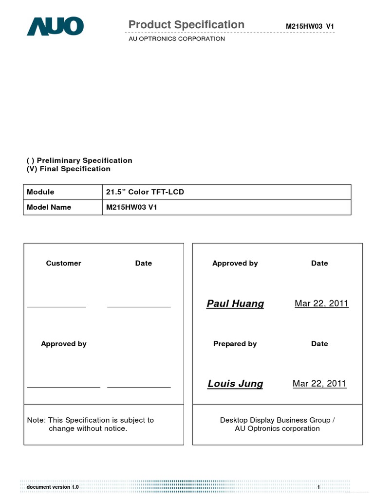 M215HW03 V1 Auo PDF | PDF | Thin Film Transistor Liquid Crystal Display ...