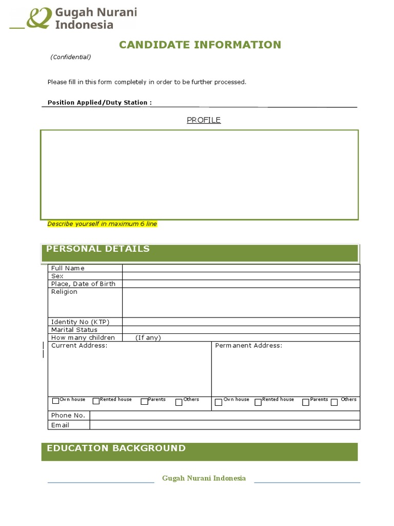 GNI Job Application Form Template | PDF | Psychological Concepts ...
