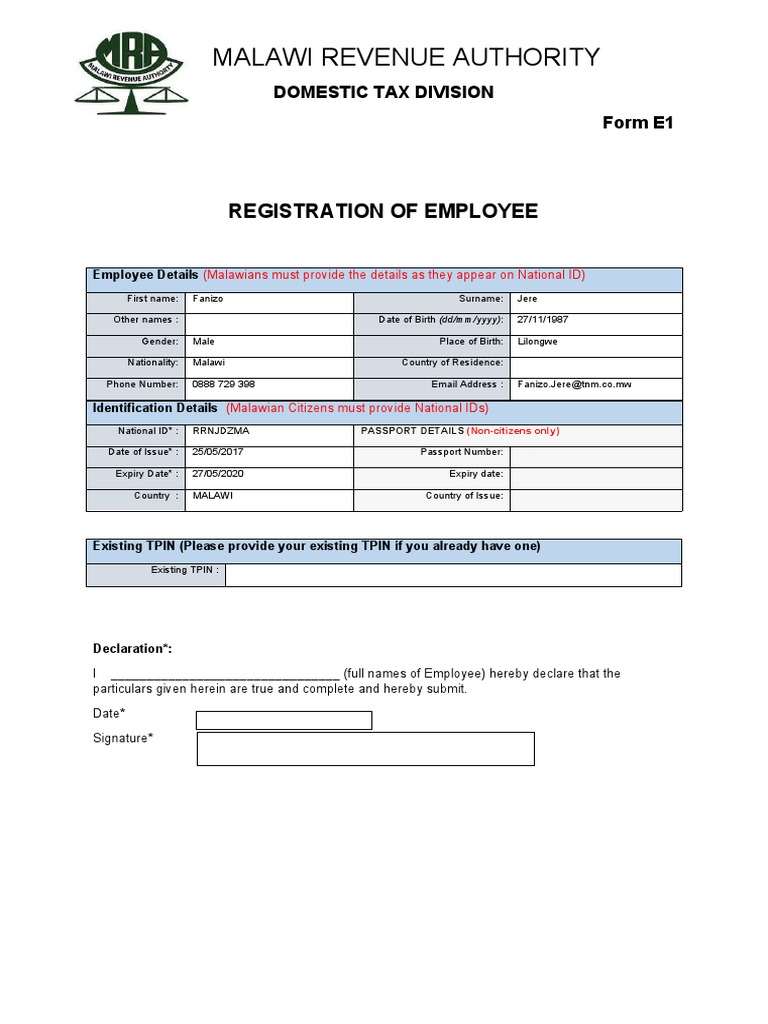 Malawi Employee Registration Form E1 | PDF