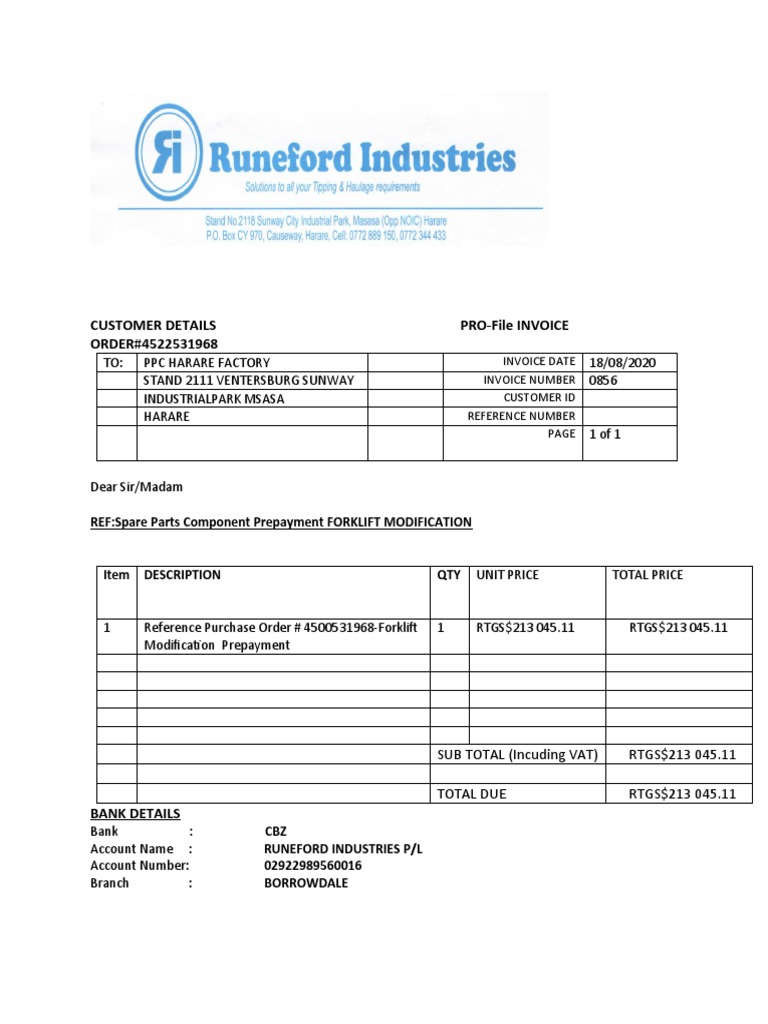Customer Details Pro-File Invoice ORDER#4522531968: REF:Spare Parts ...