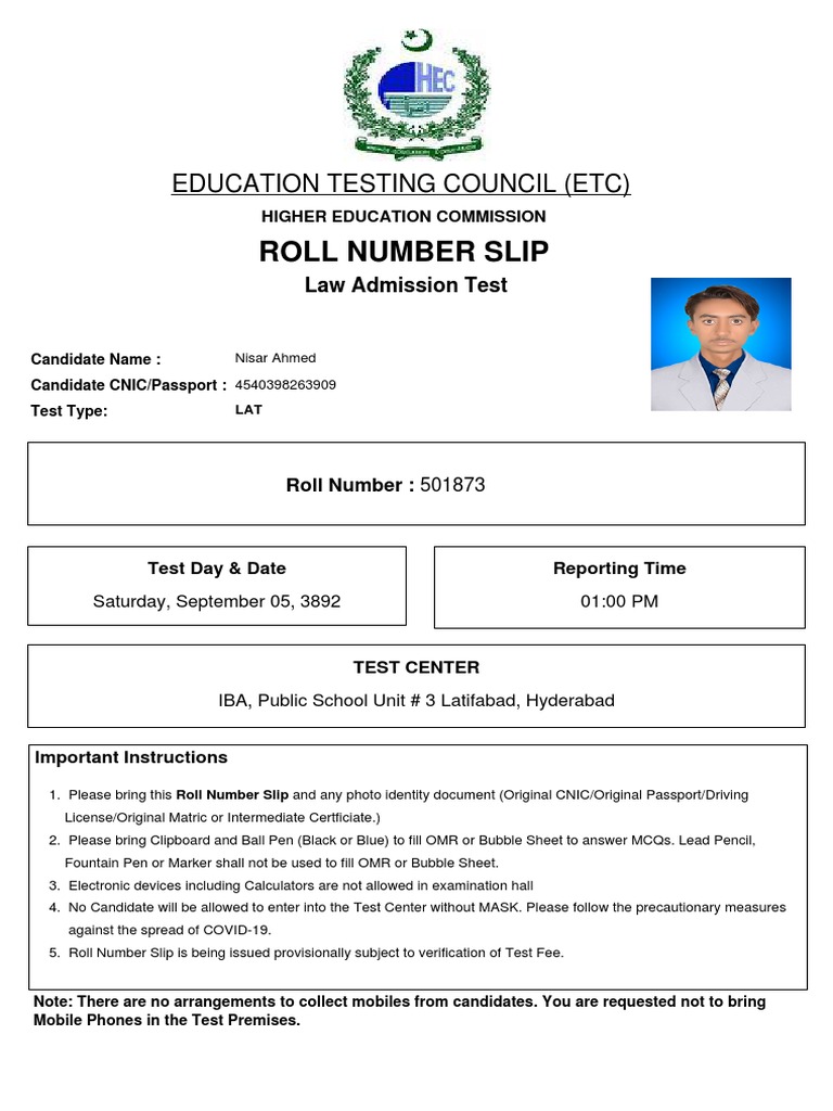 Roll Number Slip: Education Testing Council (Etc) | PDF