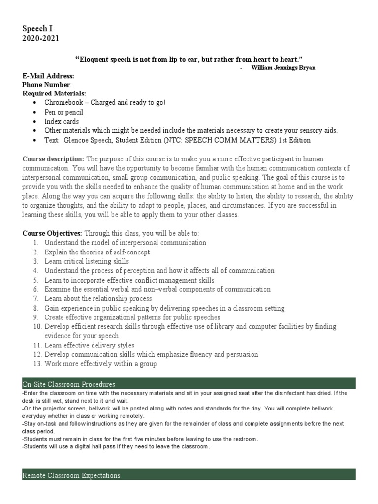 Public Speaking Syllabus | PDF | Classroom | Interpersonal Communication