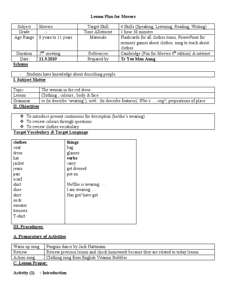 Lesson Plan For Clothing | PDF | Clothing | Vocabulary