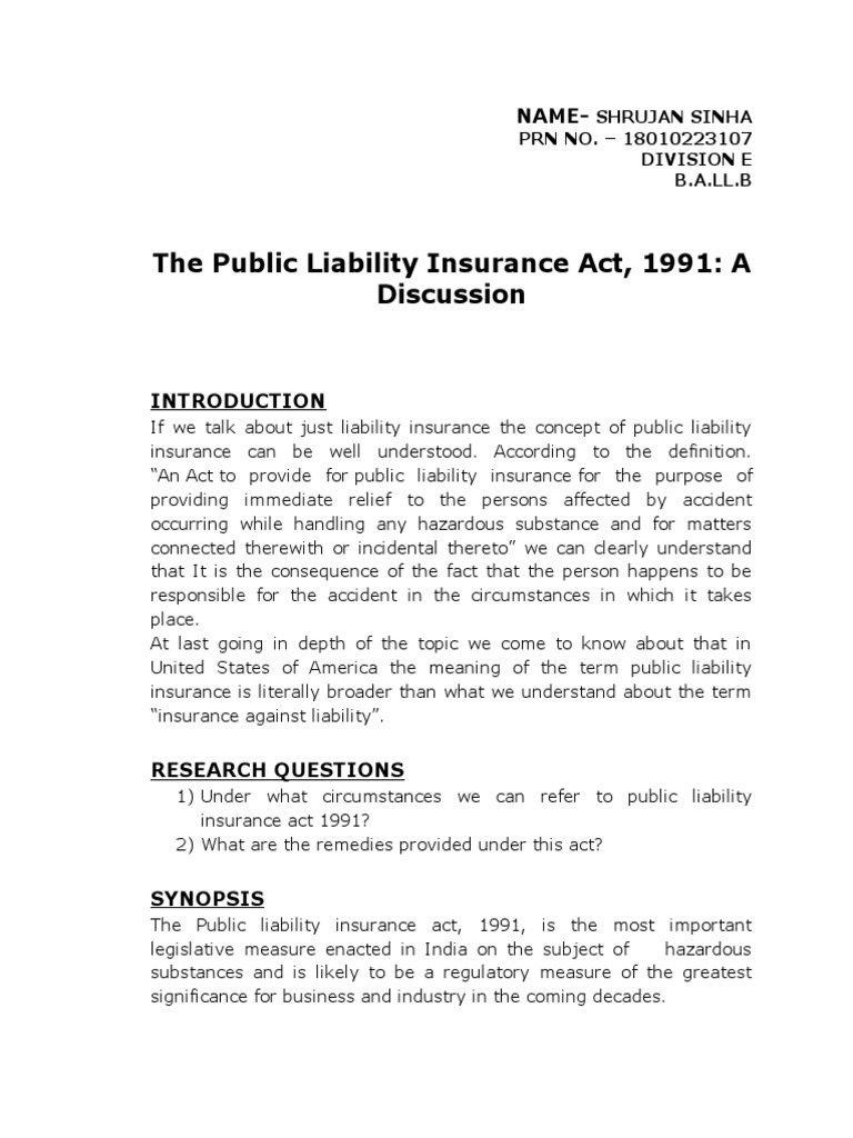 The Public Liability Insurance Act, 1991: A Discussion: Name | PDF ...
