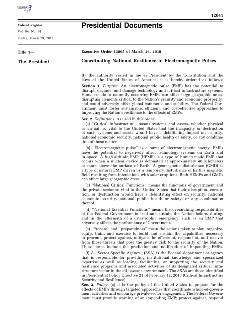 Executive Order (E.O.) 13865 On Coordinating National Resilience To ...