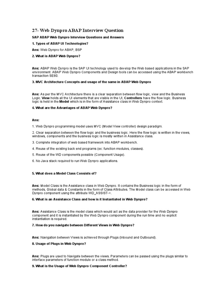 Web Dynpro ABAP Interview Questions | PDF | Model–View–Controller | Class (Computer Programming)