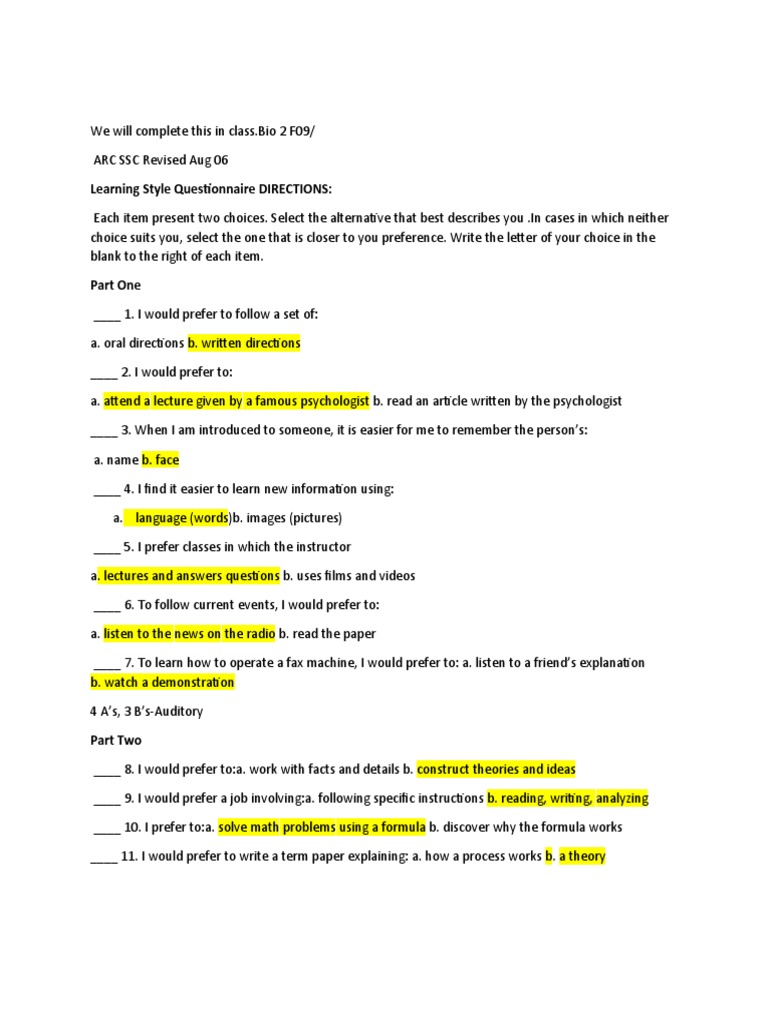 Learning Style Questionnaire Guide | PDF | Learning Styles ...