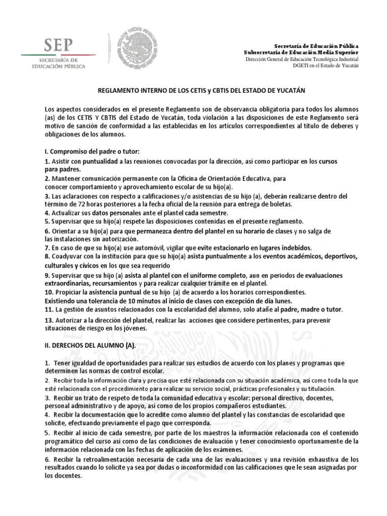 Reglamento Escolar de Los Cetis y Cbtis Yucatan V.2020 PDF | PDF | Calzado | Acoso cibernético