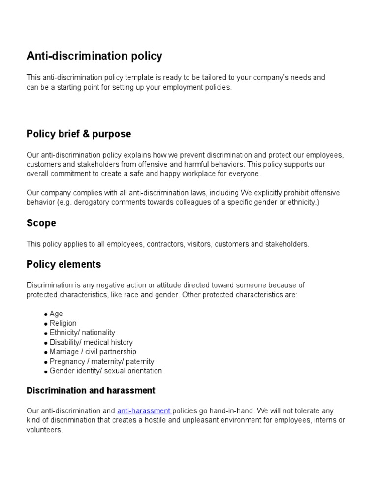 Anti Discrimination Policy | PDF | Discrimination | Sexual Harassment